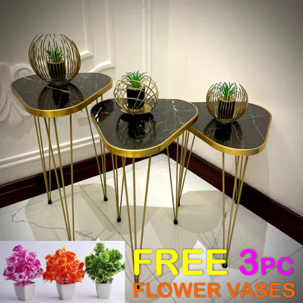 TRIANGLE TABLES (3 PC SET) BLACK MARBLE TOP - FREE 3 PC FLOWER VASES ...